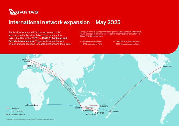 Qantas International Map 2025 - Auckland to Johannesburg via Perth