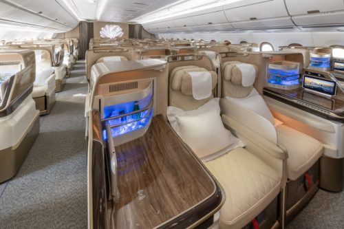 The Emirates A350 on display features three spacious cabin classes ...