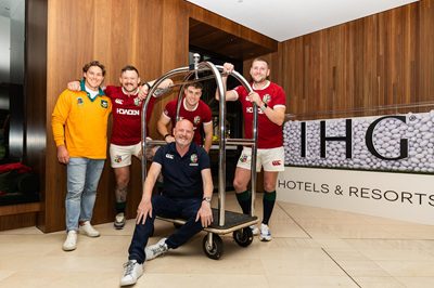 From left- Michael Hooper, Finn Russell, fan Lawrence Hanlen, Tommy ...